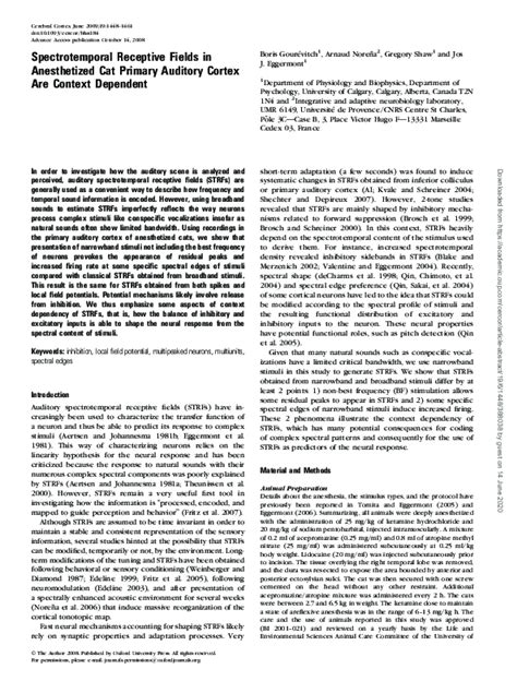 Pdf Spectrotemporal Receptive Fields In Anesthetized Cat Primary Auditory Cortex Are Context