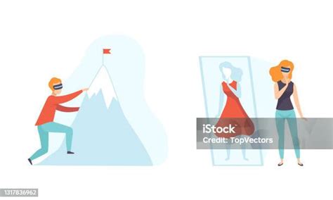 가상 현실 기술 세트를 사용하는 사람들 남성과 여성 캐릭터 등산및 Vr 안경 플랫 벡터 일러스트를 입고 옷을 입고 시도 가공의 인물에 대한 스톡 벡터 아트 및 기타 이미지