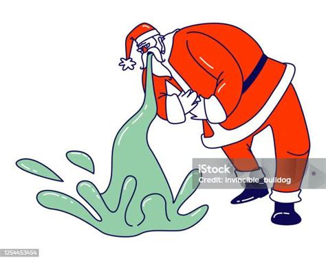 아픈 산타 클로스 푸크 식중독 또는 알코올 중독의 고통 빨간 의상과 모자 위병을 입고 있는 Xmas 캐릭터 크리스마스 인물 질병