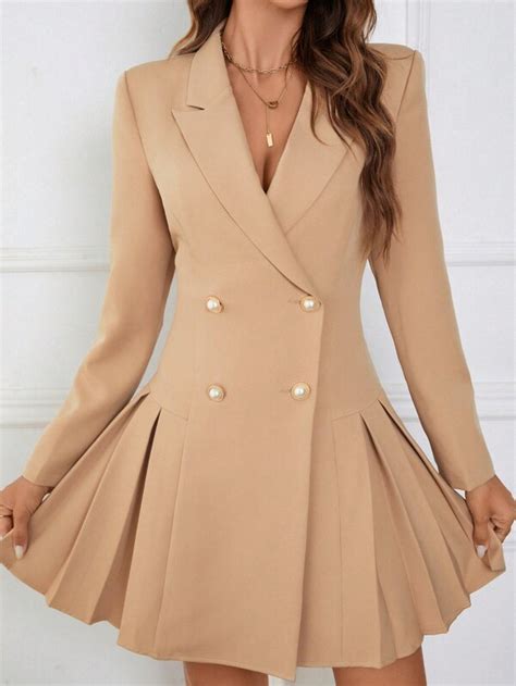 Shein Clasi Lapel Neck Double Breasted Pleated Hem Blazer Dress Shein Usa