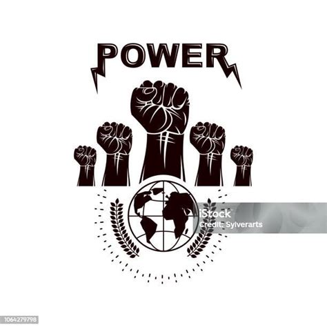 성 난 사람들 벡터 상징의 쥔된 주먹 지구 글로브 기호로 구성 남북 전쟁 추상 그림입니다 사회 혁명 개념입니다