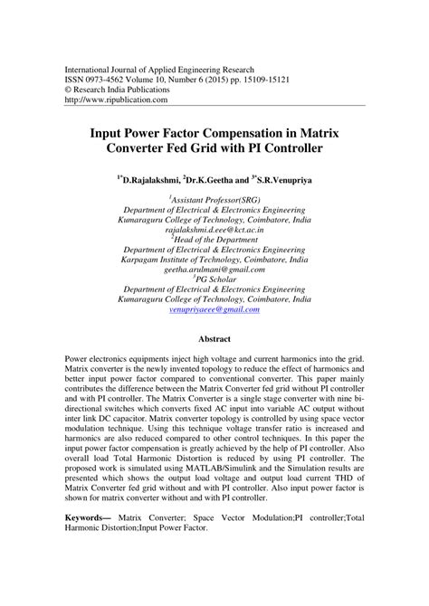 Pdf Input Power Factor Compensation In Matrix Converter Fed Grid With