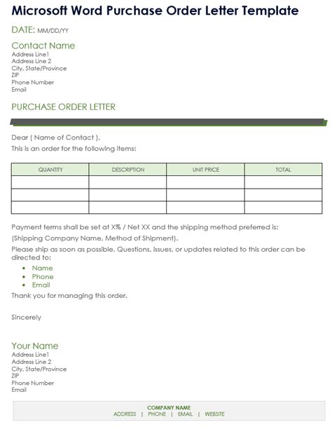 Free Ms Word Purchase Order Templates Forms And Letters
