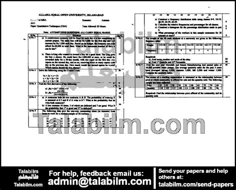 Quantitive Techniques Code No 5564 Autumn 2021 Past Papers Aiou Talabilm
