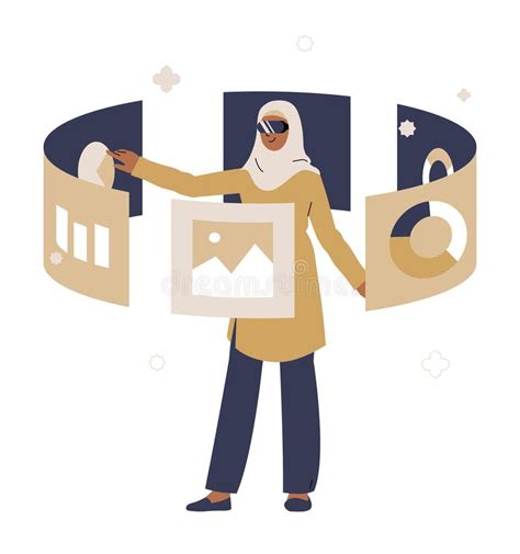 Arab Woman Using Virtual Interface In Flat Vector Illustration Symbolizing Digital Interaction