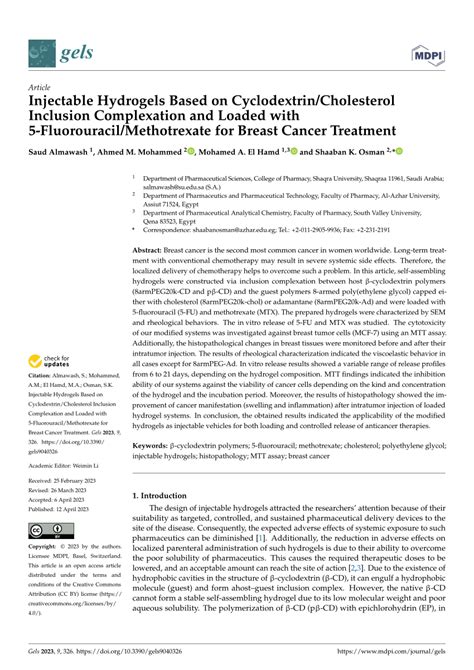 Pdf Citation Injectable Hydrogels Based On Cyclodextrin Cholesterol Inclusion Complexation