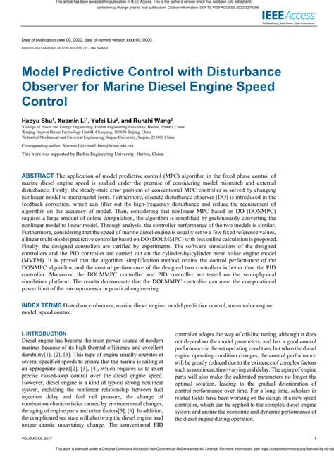 Pdf Model Predictive Control With Disturbance Observer For Marine Diesel Engine Speed Control