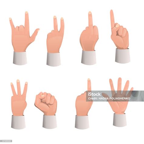 다양한 제스처 인간의 팔 포인팅 주의 주먹 엄지 손가락 등 손 제스처 플랫 아이콘 세트 손 제스처 만화의 집합 벡터 일러스트레이션 가리키기에 대한 스톡 벡터 아트 및 기타