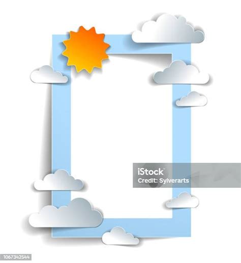 새 텍스트 복사 공간 프레임 배경 및 태양 아름 다운 구름 가운데 하늘을 날고 인사말 카드 여름 Cloudscape 벡터 그림 종이 컷된 아이 스타일 구름에 대한 스톡 벡터