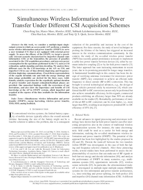 Simultaneous Wireless Information And Power Transfer Under Different Csi Acquisition Schemes