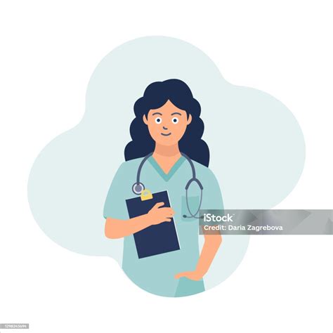 흰색 배경에 태블릿과 청진기와 유니폼을 입은 여성 의사의 초상화 벡터 플랫 이미지 건강 진단에 대한 스톡 벡터 아트 및 기타 이미지 건강 진단 건강관리와 의술 구급