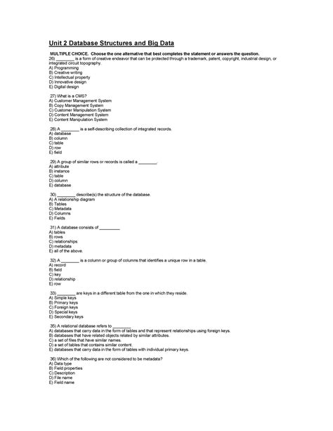 Unit 2 Cs 1032 Lecture Reading Notes Unit 2 Database Structures And Big Data Multiple Choice