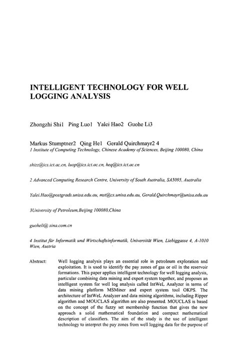 Pdf Intelligent Technology For Well Logging Analysis