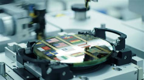 High Tech Microchip Manufacturing Process Global Flags On