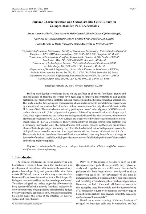 Surface Characterization And Osteoblast Like Cells Culture On Collagen Modified Pldla Scaffolds