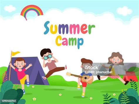 광고 브로셔 또는 포스터에 대한 아이 여름 캠프 배너 템플릿 배경 교육 캠핑 활동을하는 행복한 아이들 포스터 전단지 텍스트 벡터 일러스트 레이 션 아이에 대한 스톡 벡터