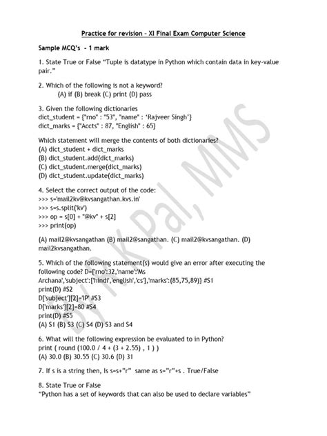 Sample Qs Bank Xi Cs Pdf Python Programming Language Computing
