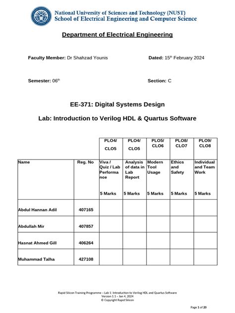 Lab 1 Dsd Introduction To Verilog Hdl And Fpga Toolchain Pdf Field