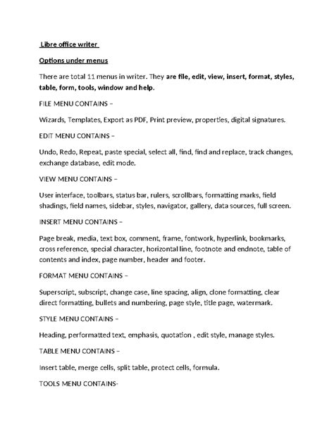 Menus Libre Libre Office Writer Options Under Menus There Are Total Menus In Writer They