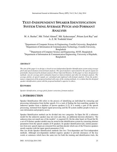 Pdf Text Independent Speaker Identification System Using Average Pitch And Formant Analysis
