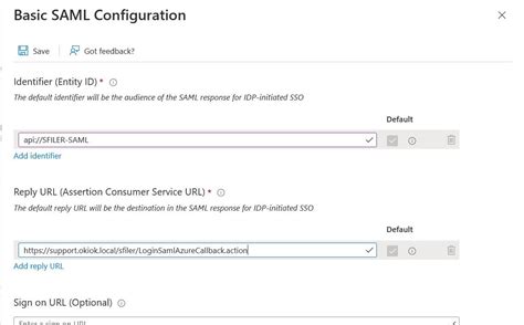 saml configuration with azure ad s filer portal