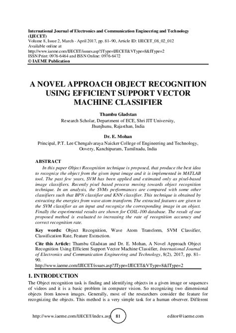 Pdf A Novel Approach Object Recognition Using Efficient Support Vector Machine Classifier