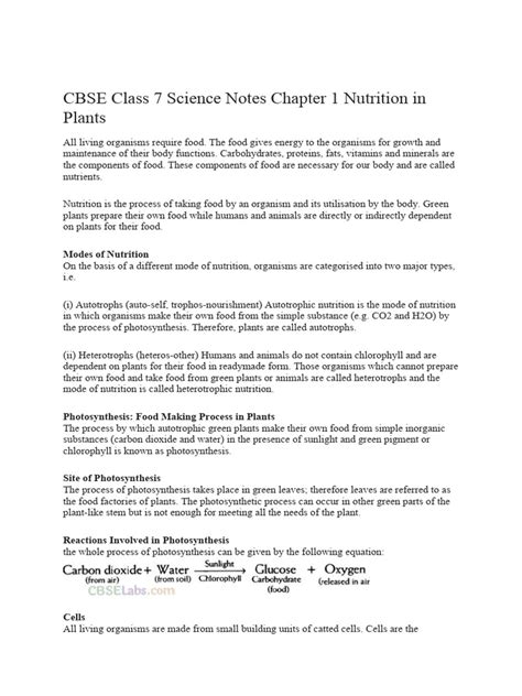 Cbse Class 7 Science Notes Chapter 1 Nutrition In Plants Pdf Nutrition Diet And Nutrition