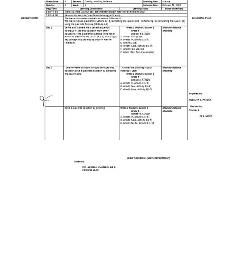 Week 1 Module 1 Lesson 1 Grade 9 Modular Distance Modality Pdf Quadratic Equation Equations