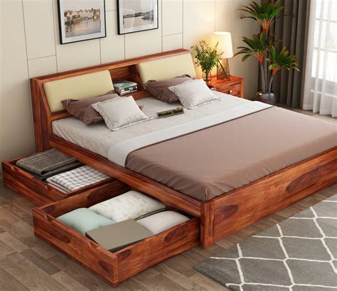 Buy Walken Sheesham Wood Bed With Full Drawer Storage King Size Honey