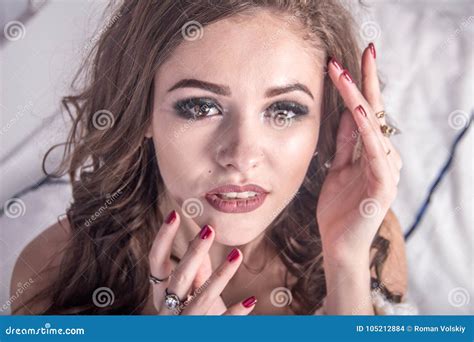 Close Up Portrait Of A Beautiful Model Girl With Long Blond Hair