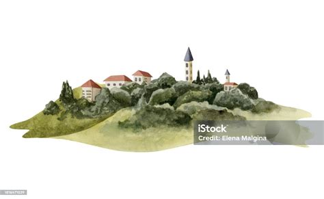 지중해 언덕 풍경 와 집 와 나무 수채화 그림 절연 통하고 있는 백색 배경 예루살렘 여리고 계곡 성지 스케치 산에 대한 스톡 벡터 아트 및 기타 이미지 Istock