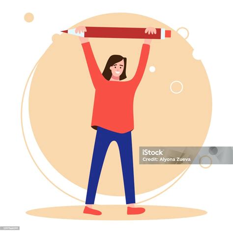 소녀는 그녀의 머리 위에 연필을 들고 사업에 내려 갈 준비 디자인에 대한 스톡 벡터 아트 및 기타 이미지 디자인 벡터 사람들 Istock