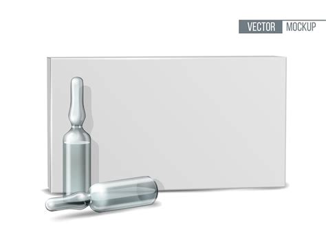 흰색 패키지에 투명한 유리 의료 앰플 주사용 약물이 있는 앰플의 현실적인 3d 모형 유리병의 빈 템플릿입니다 벡터 일러스트