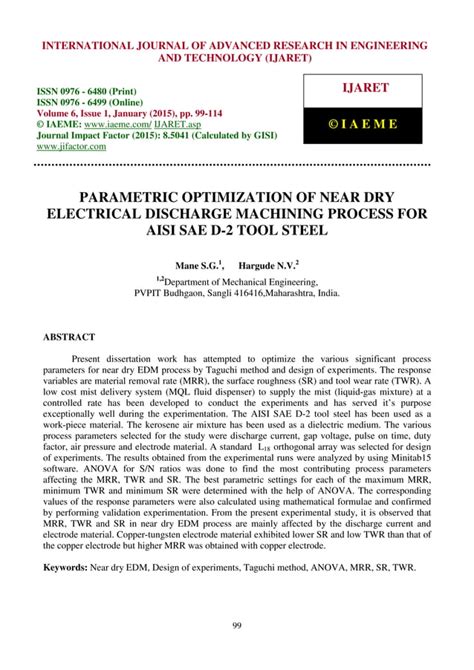 Parametric Optimization Of Near Dry Electrical Discharge Machining