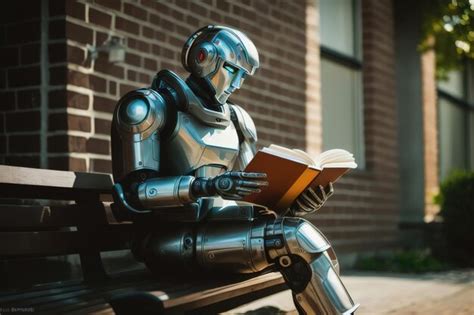 premium ai image android robot reads a book sitting on a bench in the library ai generative
