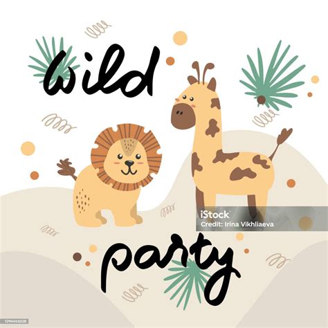 사자와 기린이 있는 엽서 와일드 파티 어린이 의류 인테리어 디자인 포장 스티커에 인쇄를위한 만화 스타일의 벡터 어린이 그림