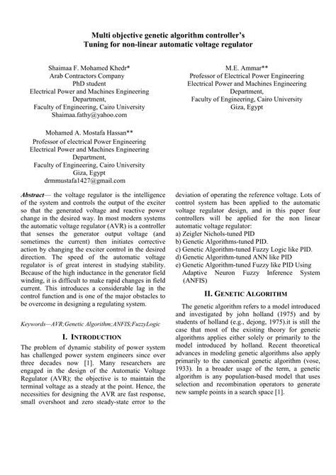 Pdf Multi Objective Genetic Algorithm Controllers Tuning For Non Linear Automatic Voltage
