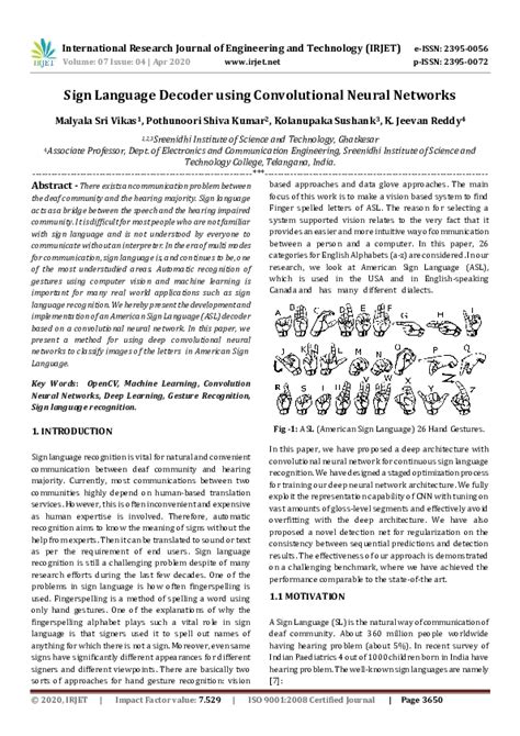 Pdf Irjet Sign Language Decoder Using Convolutional Neural Networks