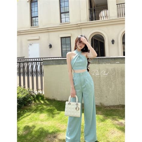 Set áo Yếm Thắt Nơ Mix Quần Xuông ống Rộng Siêu Tôn Dáng Shopee Việt Nam