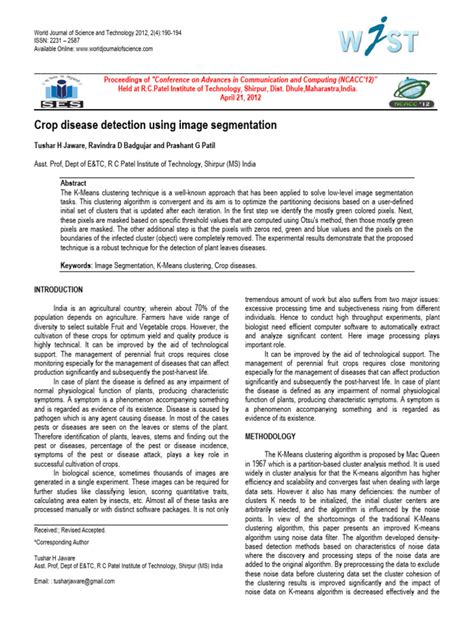 Crop Disease Detection Using Image Segmentation Pdf Cluster Analysis Image Segmentation