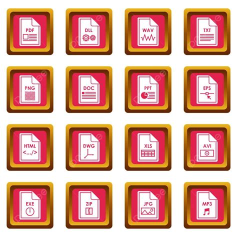 File Format Icons Set In Pink Color Isolated Vector Illustration For