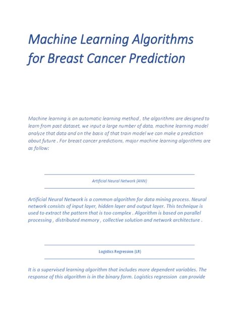 Machine Learning Algorithms For Breast Cancer Prediction Pdf Machine Learning Statistical
