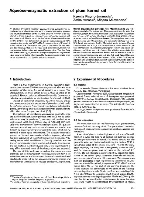 Pdf Aqueous Enzymatic Extraction Of Plum Kernel Oil