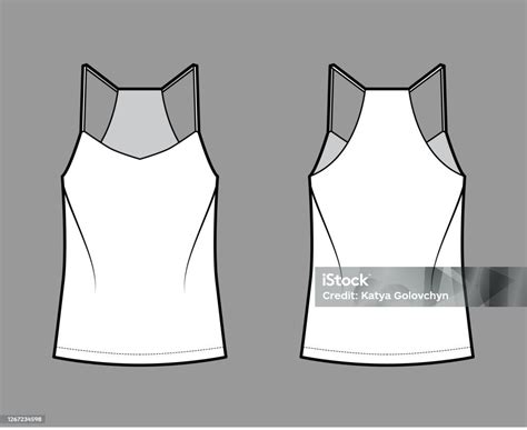 레이서 백 캐미솔 테크니컬 패션 일러스트와 V넥 스트랩 릴렉스 핏 튜닉 길이 플랫 아웃웨어 탱크 0명에 대한 스톡 벡터 아트 및 기타 이미지 Istock