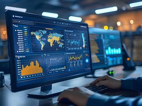 Data Analyst Working At Dual Monitors Displaying Global Statistics And