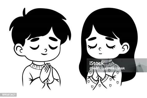 초상화 귀여운 기도하는 아이들 소녀 소년 벡터 일러스트 레이 션입니다 고립된 손 그림 종교 신자 아동 캐릭터 개념입니다 키즈 컬렉션 기도하기에 대한 스톡 벡터 아트 및 기타