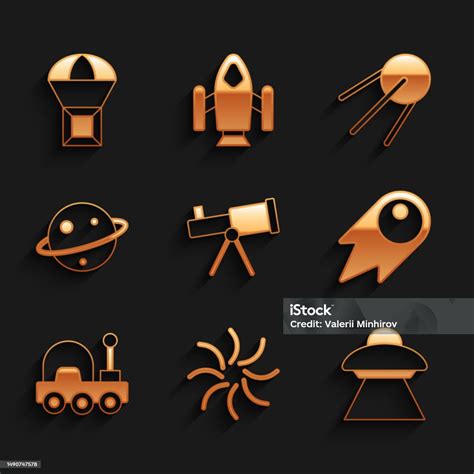 Set Telescope Black Hole Ufo Flying Spaceship Comet Falling Down Fast Mars Rover Planet Saturn