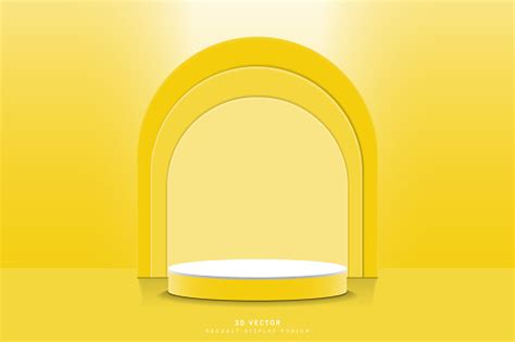 사실적인 노란색과 흰색 3d 무대 실린더 받침대 연단이 있는 3d 스튜디오 룸은 3개의 아치 모양을 배경으로 제품 전시를 제공합니다 제품 프레젠테이션 3d 벡터 렌더링을