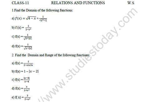 Cbse Class 11 Mathematics Relations And Functions Worksheet Set B