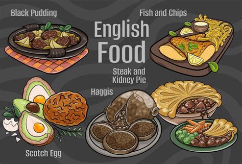 Comida Inglesa Um Conjunto De Pratos Clássicos Ilustração Desenhada à Mão Dos Desenhos Animados